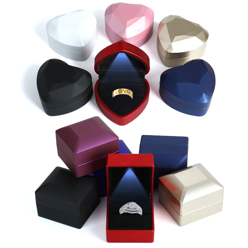 Heart Square Shaped LED Light Ring Box Velvet Jewelry Display Gift ...