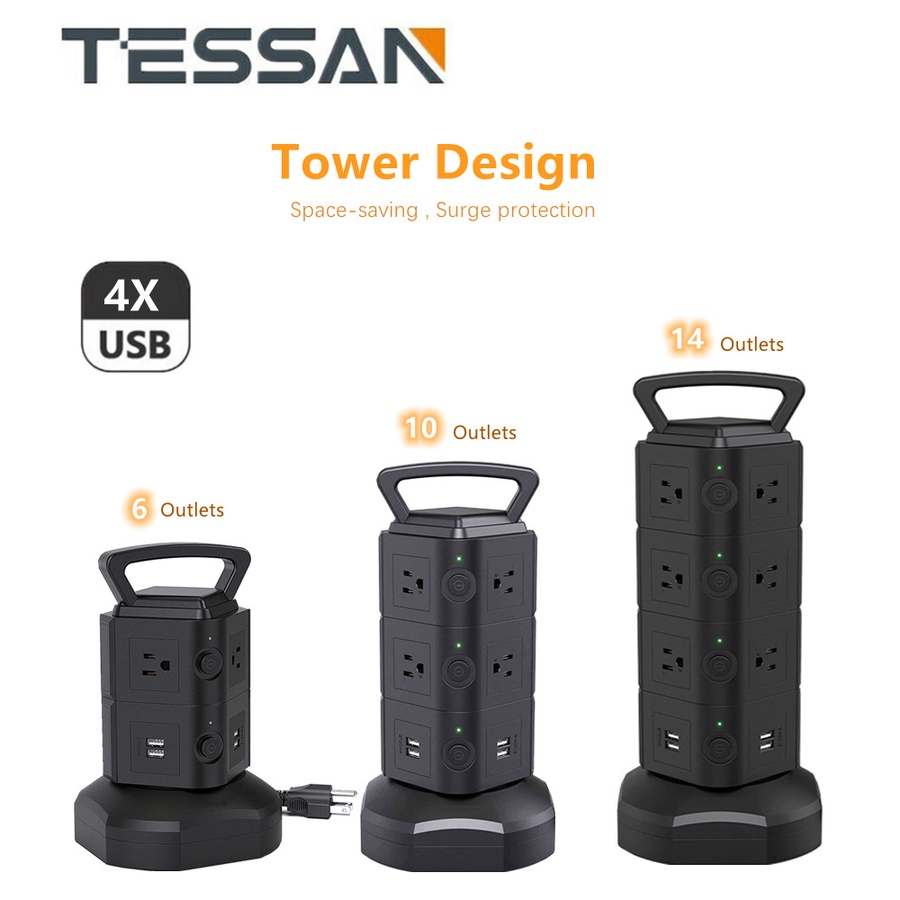 TESSAN Vertical Power Socket 6/10/14 Outlets，Surge Protection Extension ...