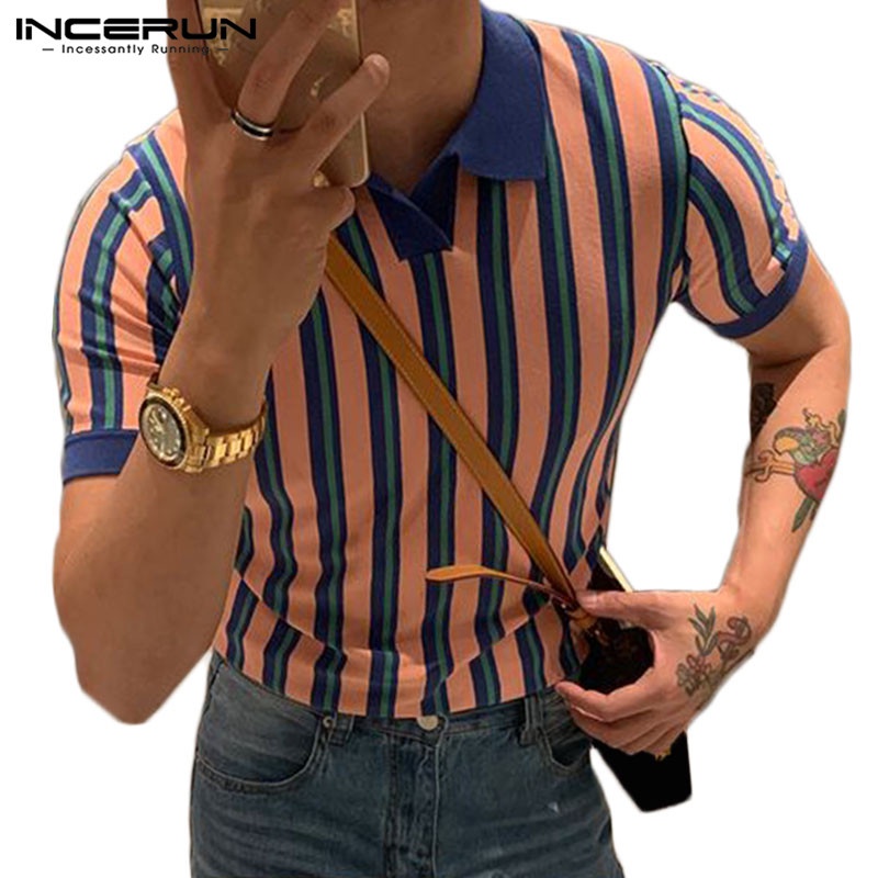 INCERUN Bright striped knitted short sleeve lapel top POLO Shirts ...