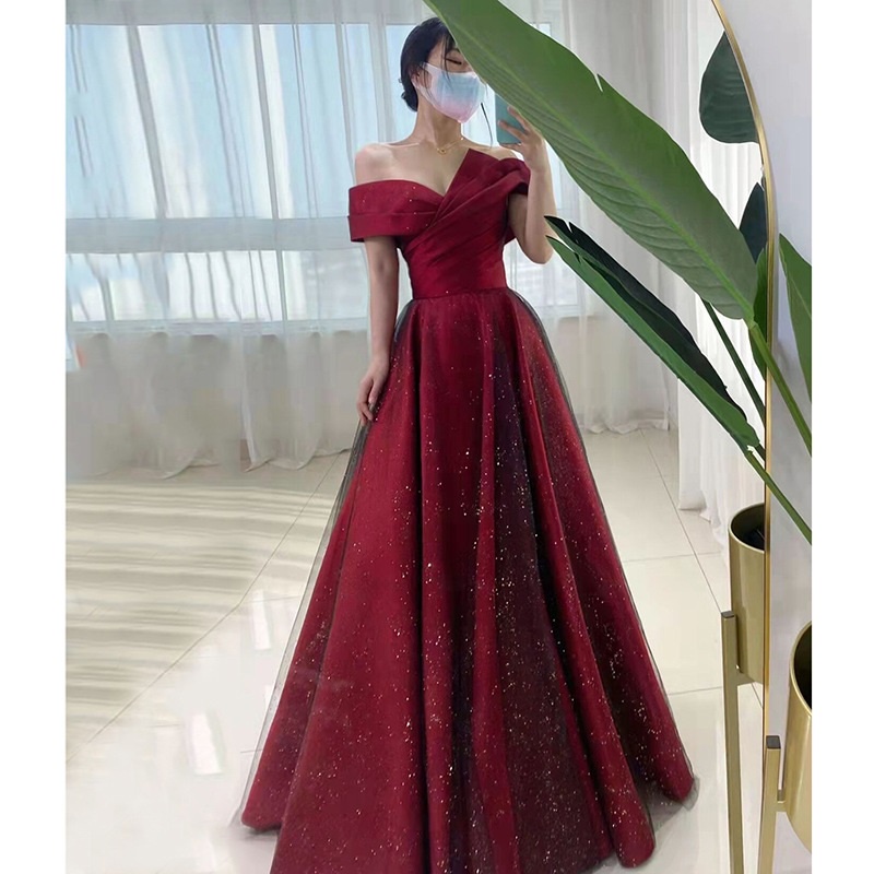 Wine Red Satin Bridal Wedding Toast Dress Off Shoulder Starry Sky ...