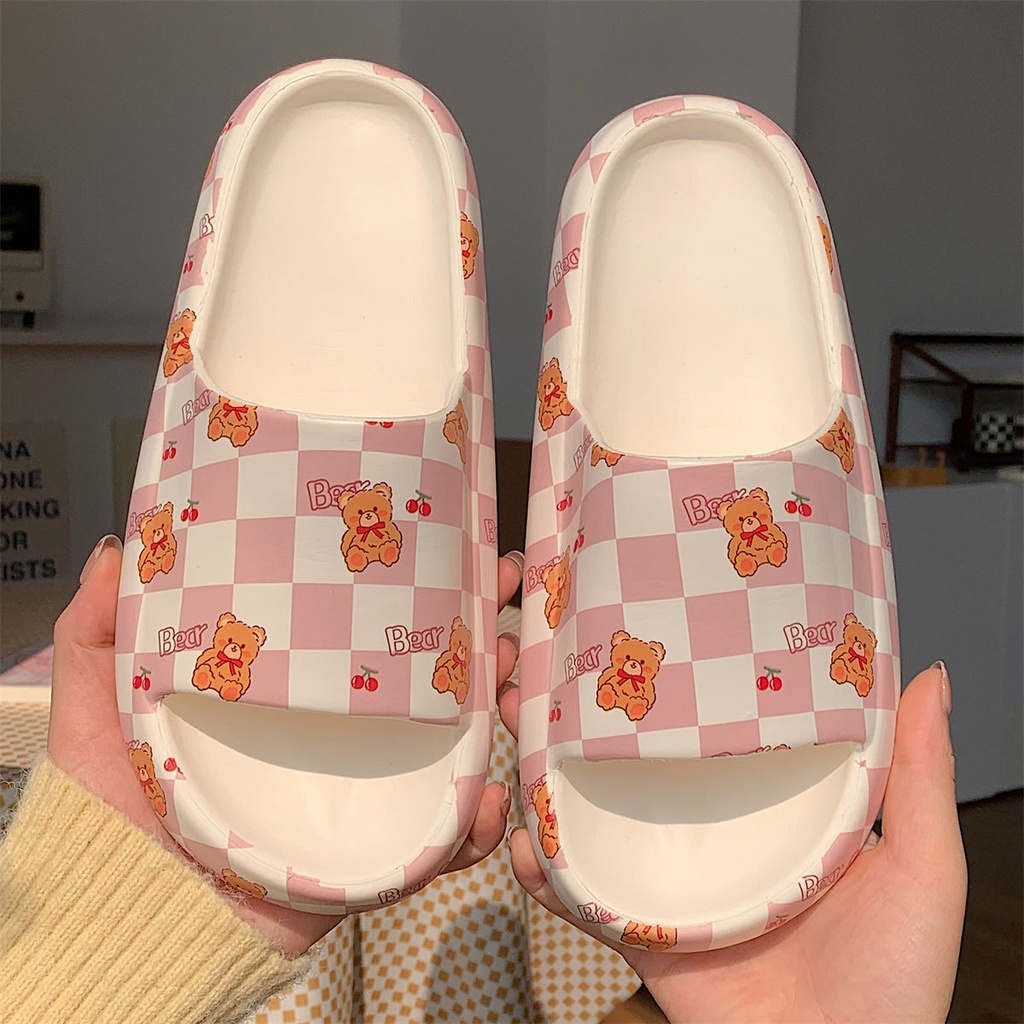 Cute Pink Checkerboard Bear Pattern Design Women Slippers Indoor and ...