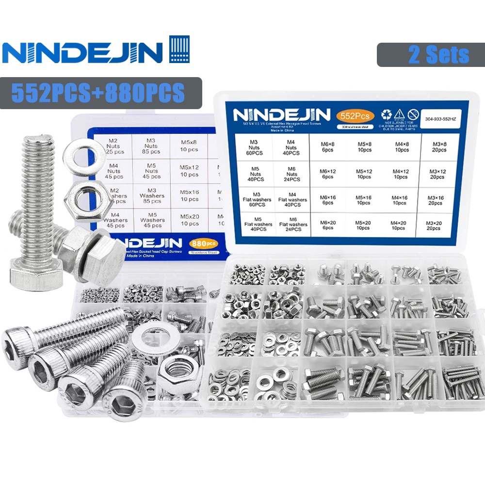 NINDEJIN 552pcs External Hexagon Bolt Set M3-M6 Stainless Steel 880pcs Hexagon Socket Head Cap ...