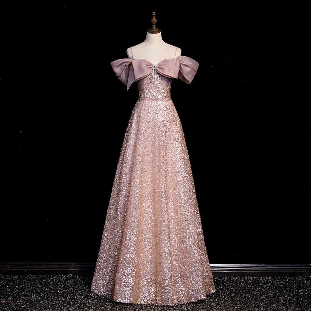 Pink Starry Sky Banquet Evening Dress Sweet Girl Off Shoulder Bow Neck ...