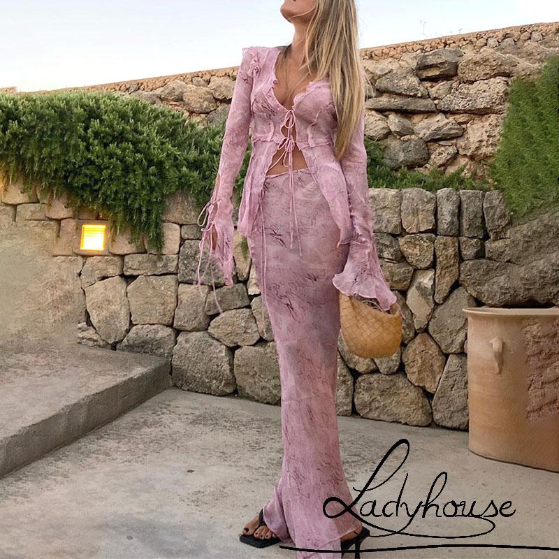 LDD-Women’s Two Piece Summer Outfits, Tie-up Front Sheer Mesh Tops and ...