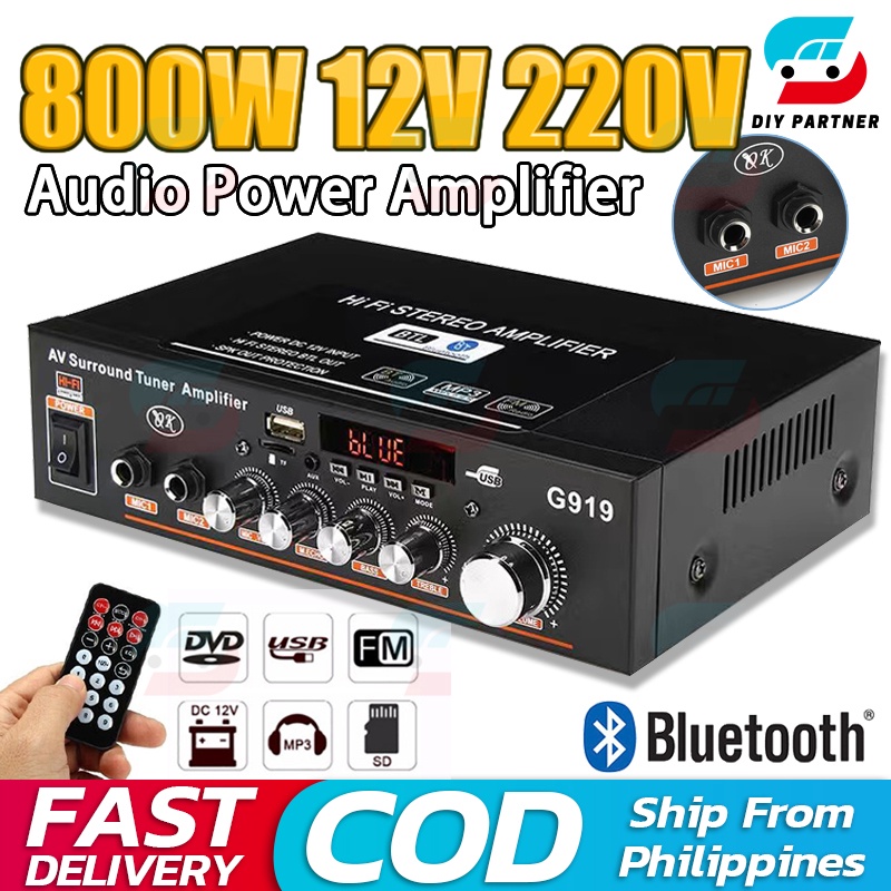 12V 220V 800W Bluetooth 5.0 Amplifier for speaker 2.0 Channel Car Audio ...