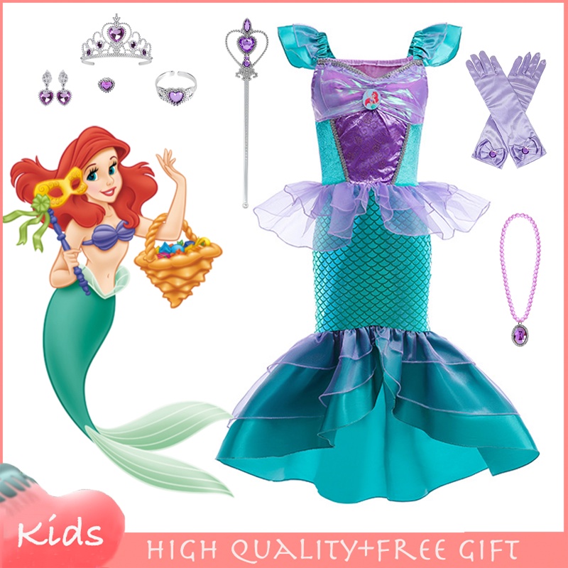 Mermaid Costume Green Purple Dress For Kids Girl Ariel Fishtail Mesh ...