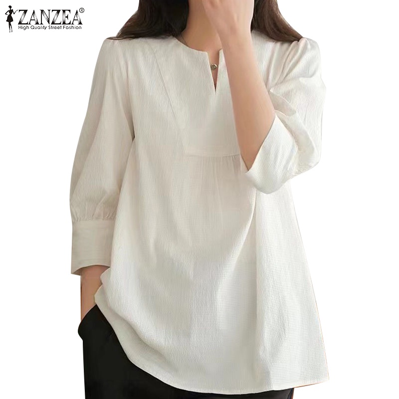ZANZEA Women Casual Round Neck Seven-point Sleeve A-shaped Plain Shirt ...