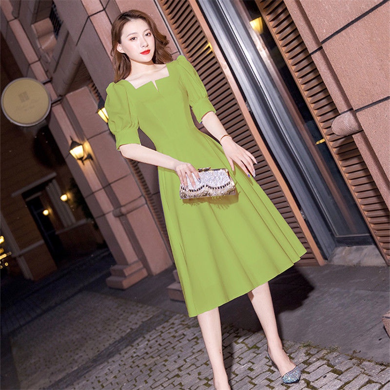 Avocado Green Women's Banquet Temperament High-End Dress French Midi ...