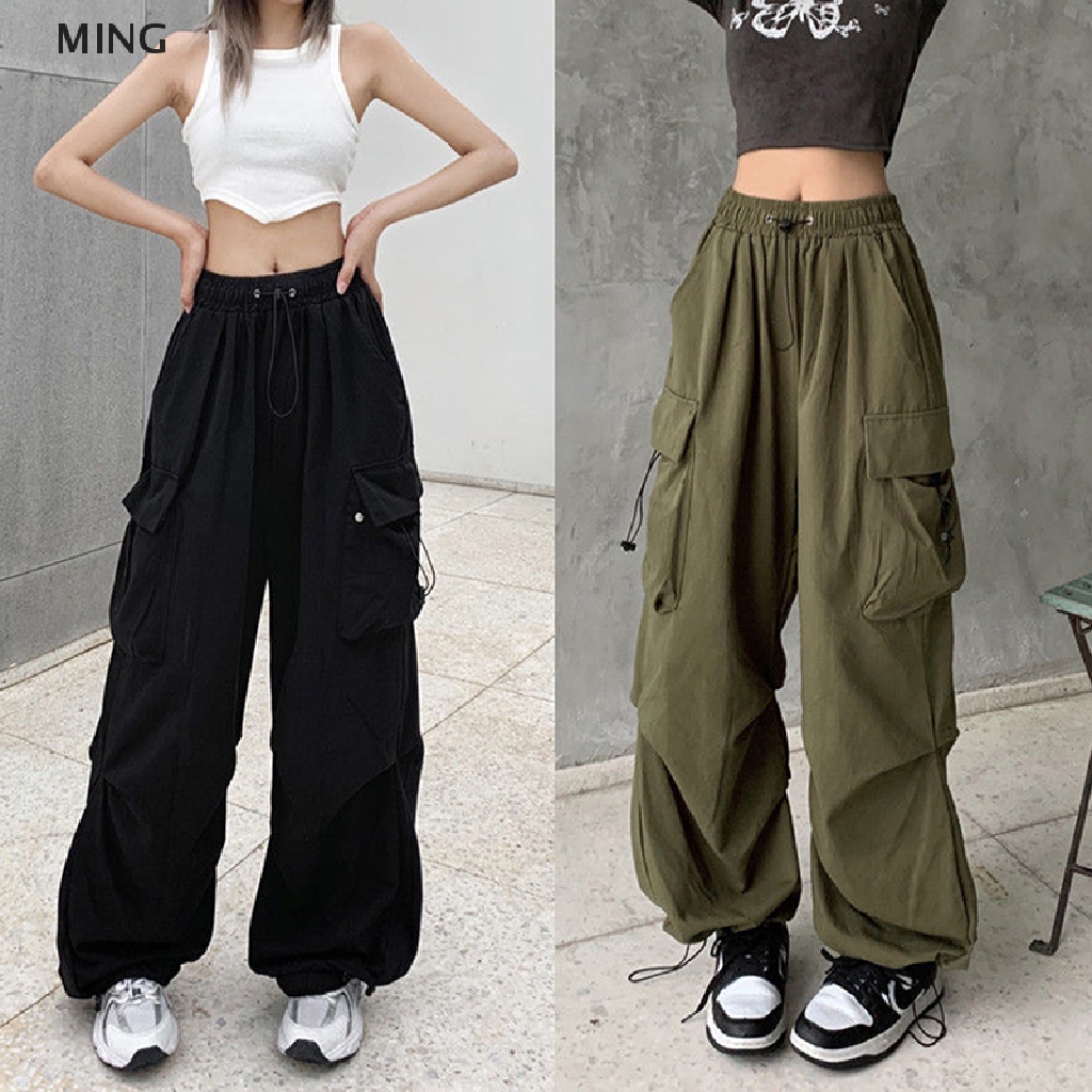 Ming Vintage Pockets Cargo Pants Drawstring High Waist Streetwear