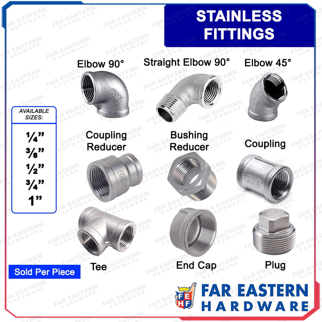 Stainless Fittings 304 Coupling Bushing Elbow Tee Plug End Cap 1/4" | 3 ...