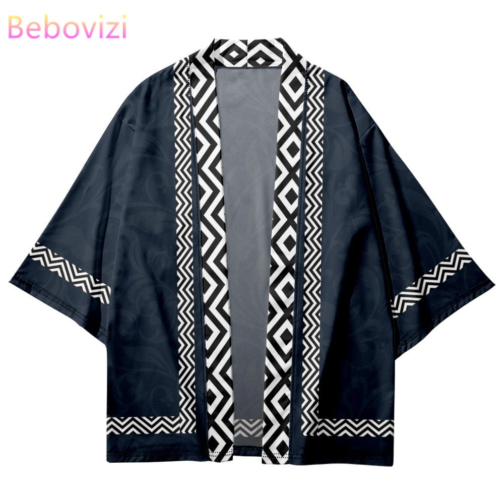 Summer Beach Geometric Print Japanese Samurai Cosplay Kimono Fashion ...