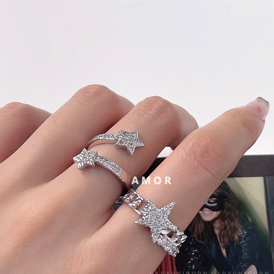 Y2K diamond five-pointed star ring Set ring Three-piece set Adjustable female Niche design ...