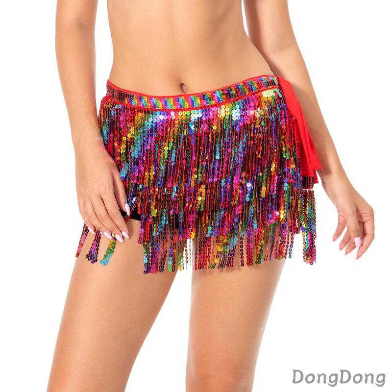 [Dong] Women Belly Dance Hip Scarf Dancing Costume Sparkly Belly Dance Sequin Skirt Glitter ...