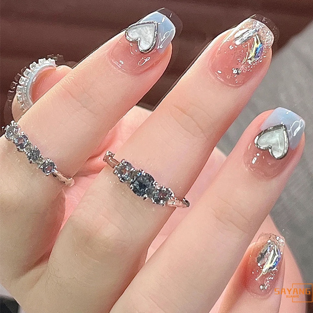 Light Blue Heart Nail Art Artificial Nails Rhinestone Designs Glossy ...