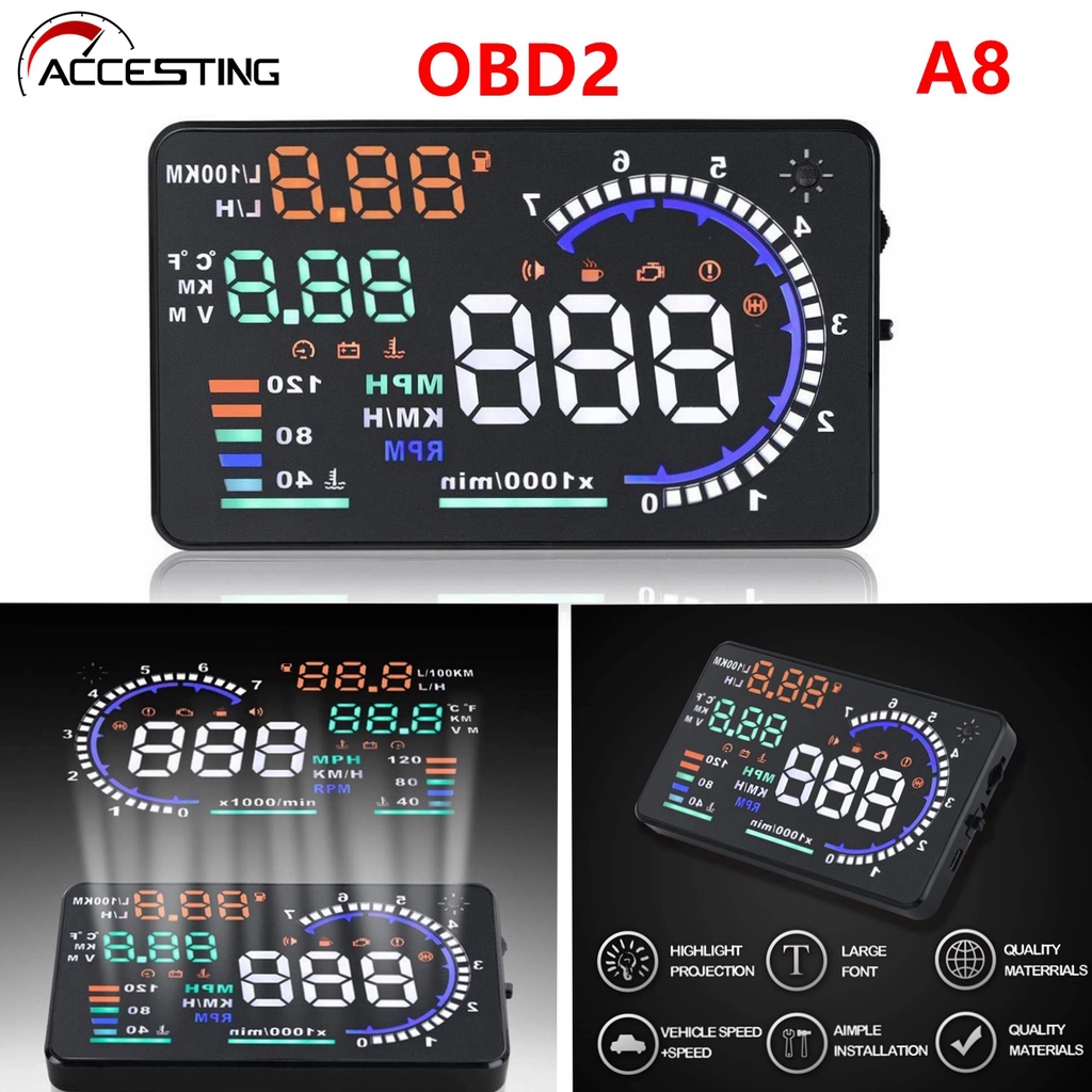 A8 HUD 5.5" Dash Screen Projector OBD2 Auto Gauge RPM MPH Speedometer ...