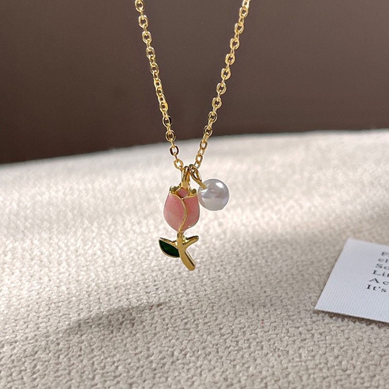 Pink Tulips Pearl Necklace for Women Gold Chain Choker Sweet ...