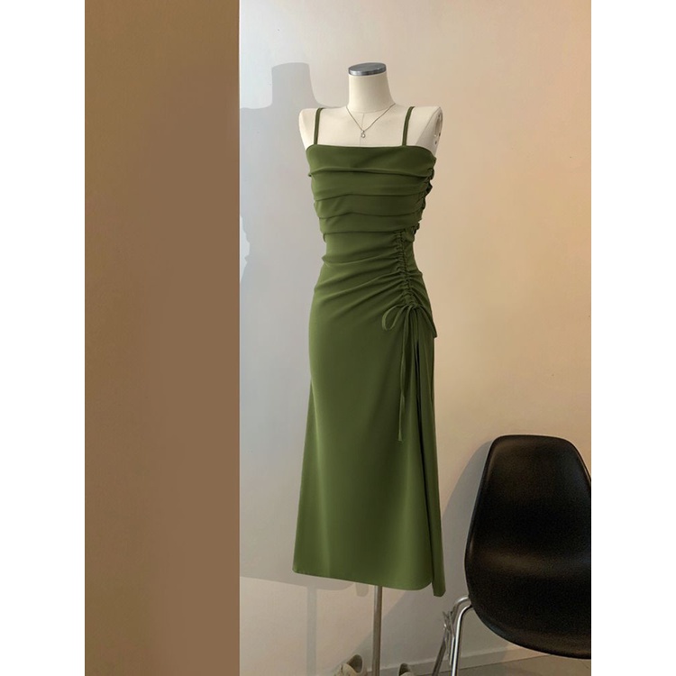 Summer Women's French-Elegant Waist Drawstring A-line Dress Green Tube ...