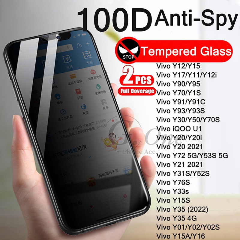 2Pcs Anti-Spy Privacy Tempered Glass Vivo Y12 Y15 Y17 Y11 Y12i Y20 Y20i Y15S Y15A Y16 Y02S Y1S ...