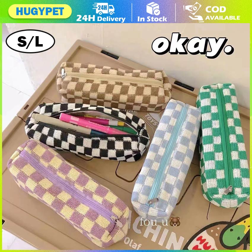 Grid Pattern Pencil Bag Knitted INS Pencil Case Storage Bag Large ...