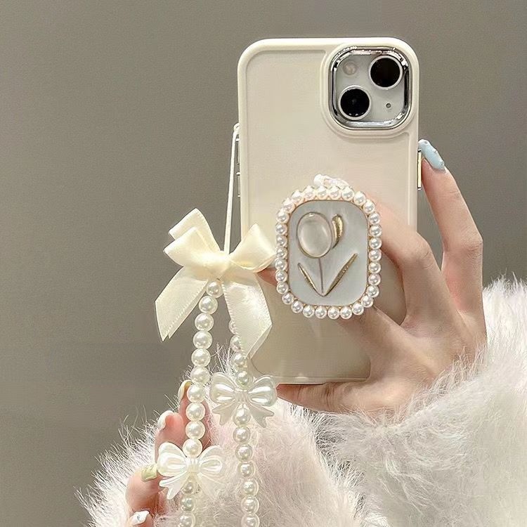 INS Tulip pearl Bracket Bow Phone Chains Soft Phone Case For ...