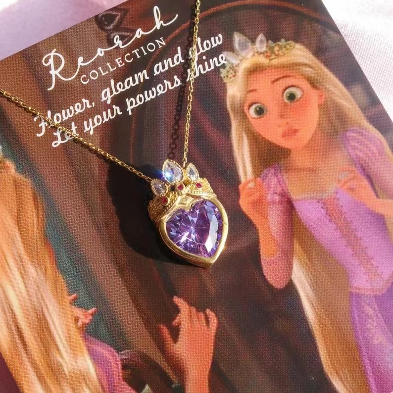 Disney Princess Rapunzel Crown Necklace/Gold Silver/Purple Zircon Heart ...