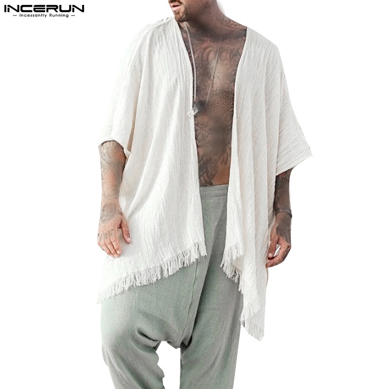 INCERUN Men Vintage Simple Loose Splicing Fringe Short Sleeve Kimonos ...
