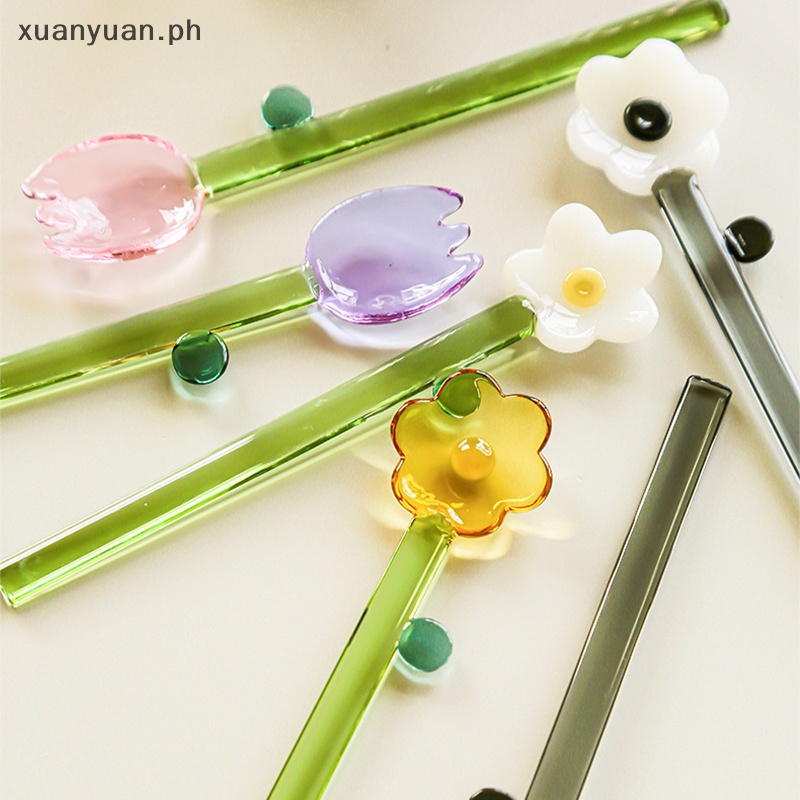 XUAN 1Pc Clear Glass Long Handle Cute Flower Spoon Ice Cream Dessert ...