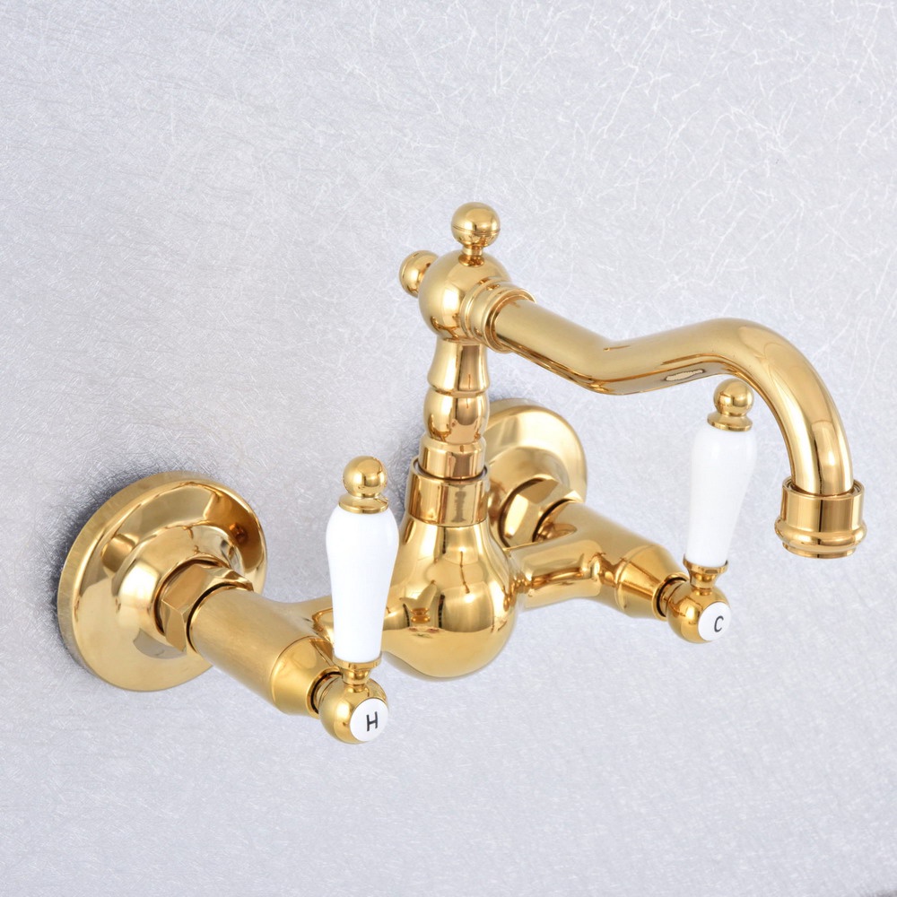 Luxury Gold Color BrassBasin Faucet Wall Mounted Kitchen Bathroom Sink ...