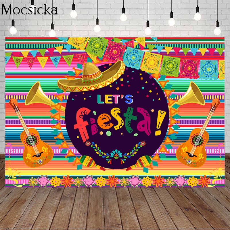 Mexican Fiesta Birthday Party Backdrops Decoration Floral Color Stripes ...