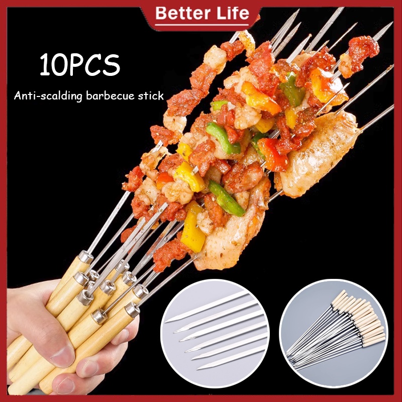 10PCS Stainless Steel Barbecue Skewers Anti-scald Wooden Handle ...