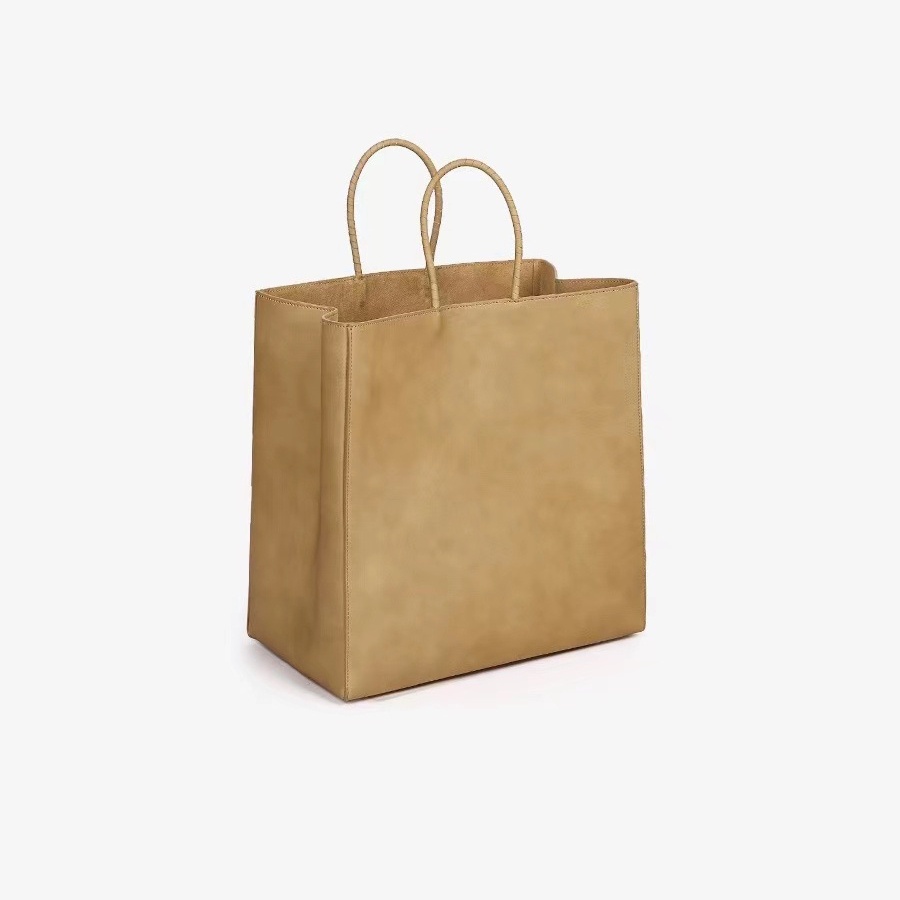 Large Capacity Cowhide Paper Bag Simple Genuine Leather Bucket Bag ...