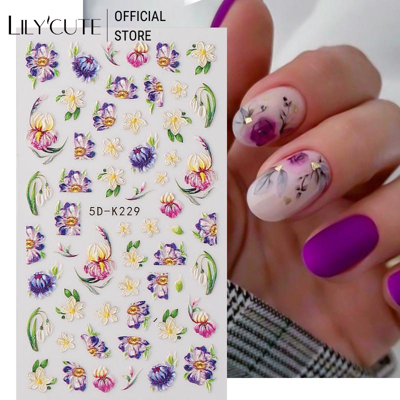 LILY'CUTE 5D Embossed Flower Nail Art Stickers Tulip Flower Engraved ...