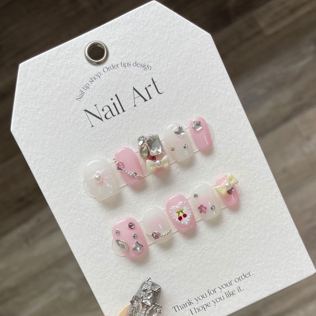 [HANDMADE]Artificial Nail Cherry and Cream Smudged Blush Lolita Girl ...