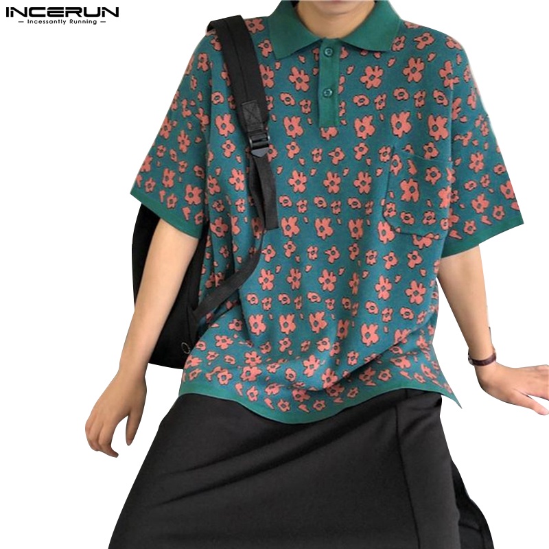 INCERUN small floral knit loose fitting short sleeved lapel top POLO ...
