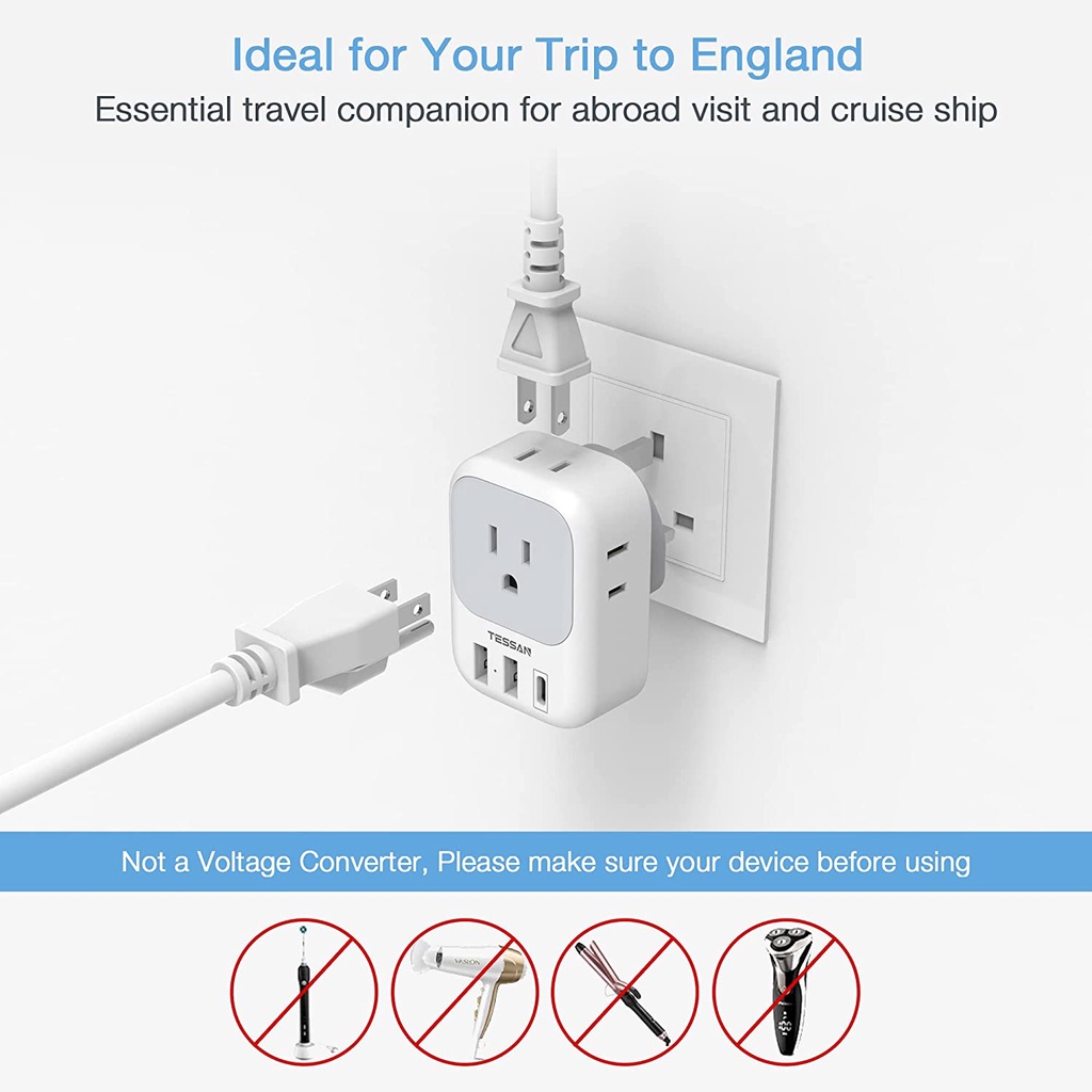 TESSAN Type G Plug Adapter with USB+Type C,Conversion Plug Adaptor for ...