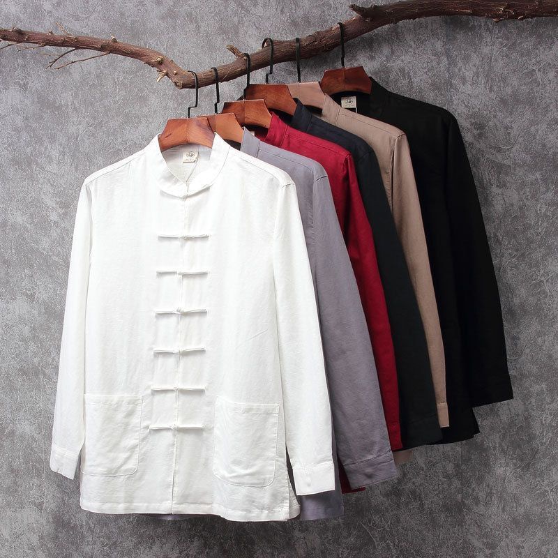 Linen Tang Suit Men Long-Sleeved Chinese Hanfu Bottoming Shirt Chinese ...