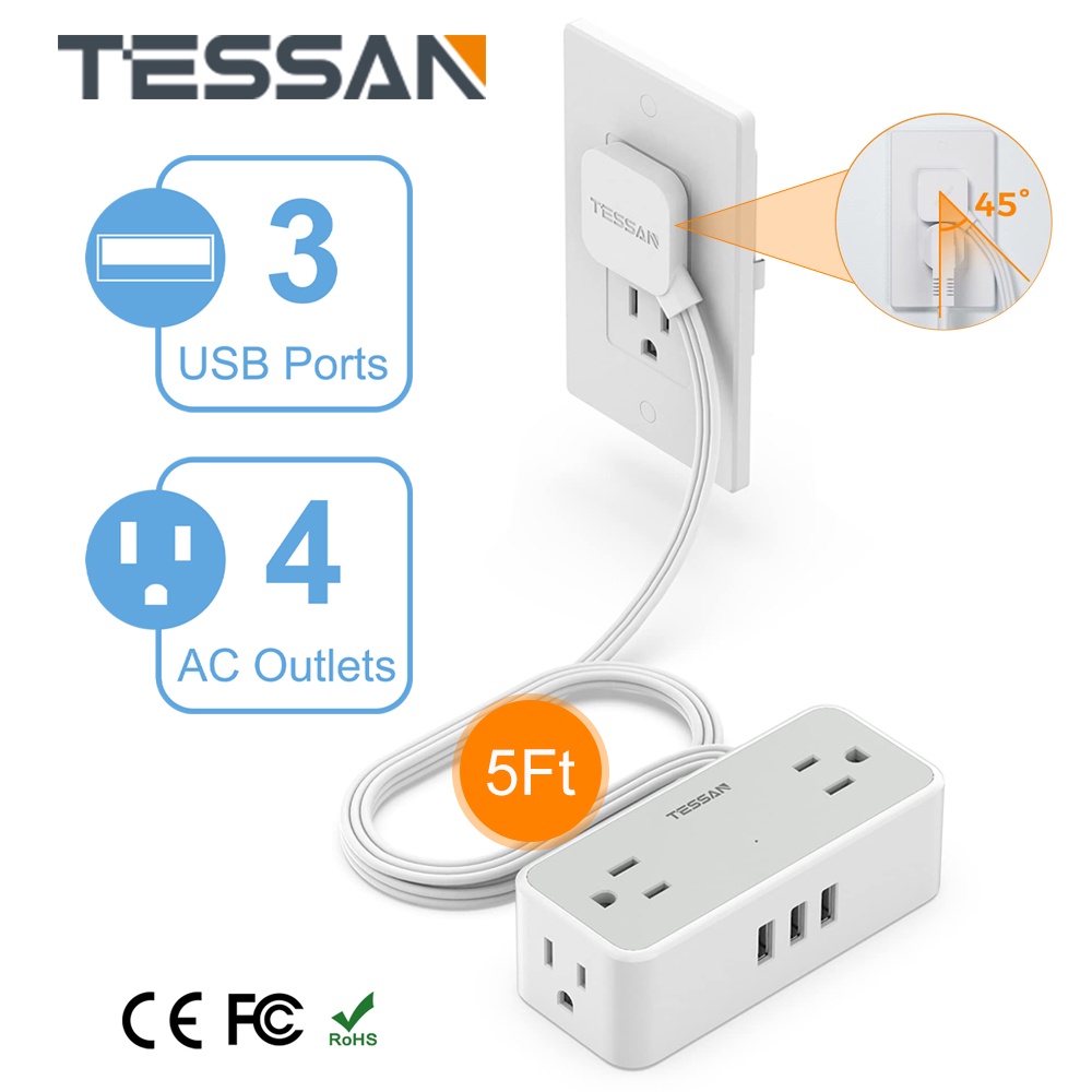 TESSAN 900 Joules Surge Protector Power Strip with 4 AC Outlets & 3 USB ...