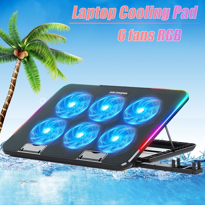Laptop Cooling Pad 12"-18" Cooler Pad Mat 6 Quiet Fans RGB Lighting Two USB Port | Shopee ...