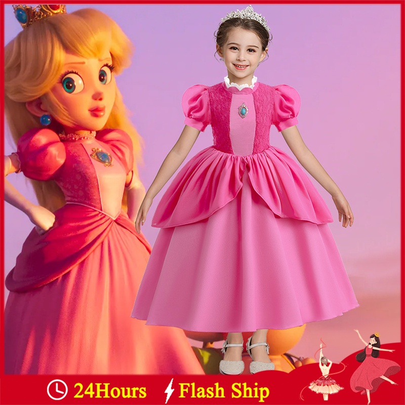 Pink Princess Peach Dress For Kids Girl SUPER MARIO Lace Ball Baby Gown ...