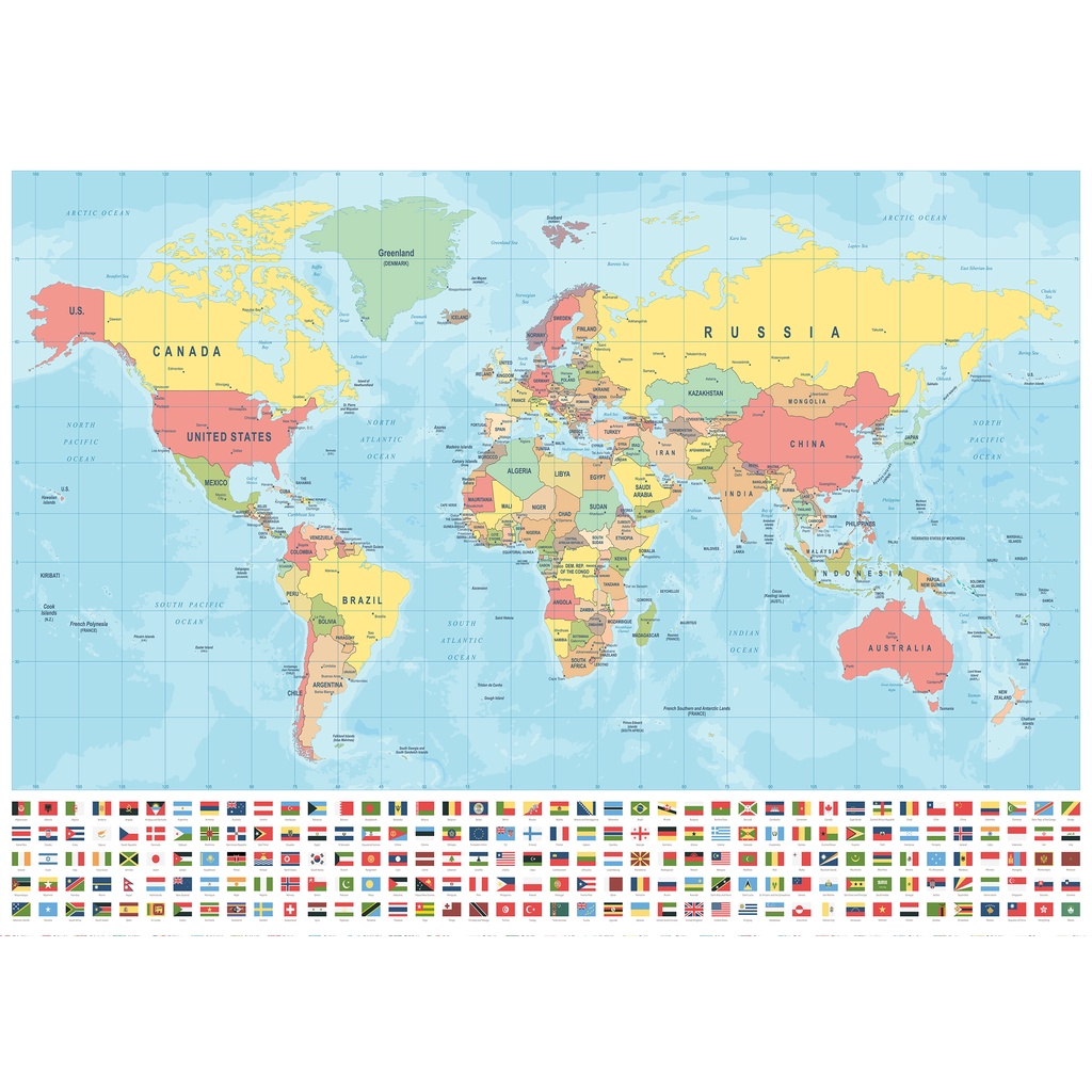 World Map Wall Sticker Large Map of The World Poster with Country Flags ...