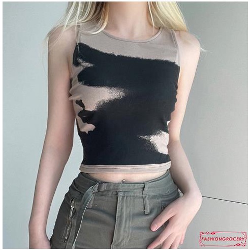 FS-Women Crop Tank Tops Abstract Portrait Print Summer Sleeveless Tops ...