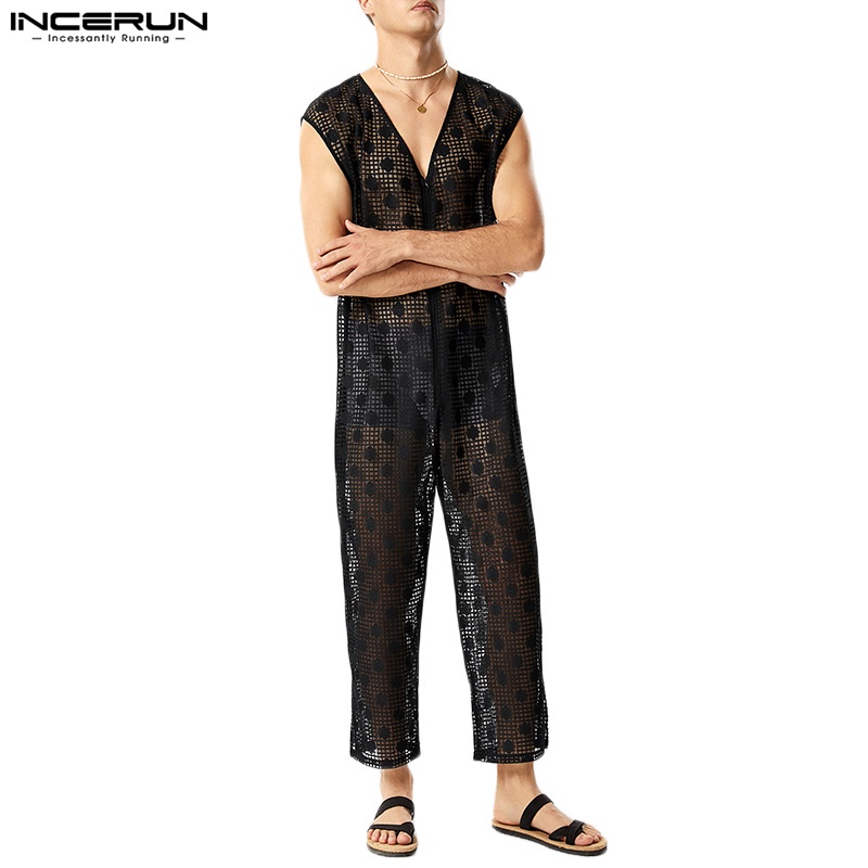 INCERUN Men Vintage Lace Windowpane Flower V-Neck Sleeveless Jumpsuits ...