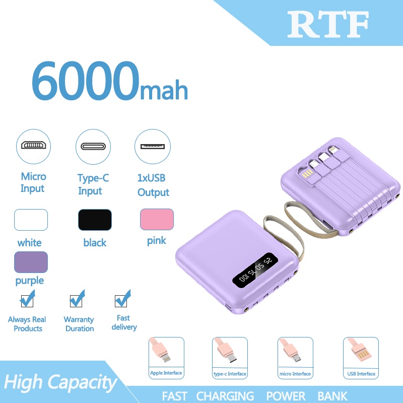 RTF*Mini Powerbank*original 6000MAH* with 4 Detachable Data Cable and ...