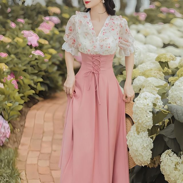 Floral Stitching False Two-Piece Retro Temperament Popular Dress Waist ...