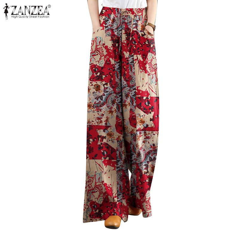 ZANZEA Women Printing High Waist Wide Leg Loose Straight Drag Pants ...
