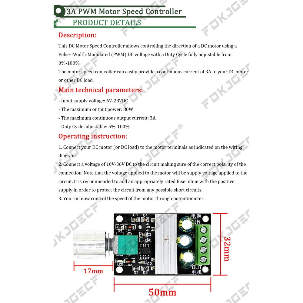 DC 6V 12V 24V 28VDC 3A 80W PWM Motor Speed Controller Regulator ...