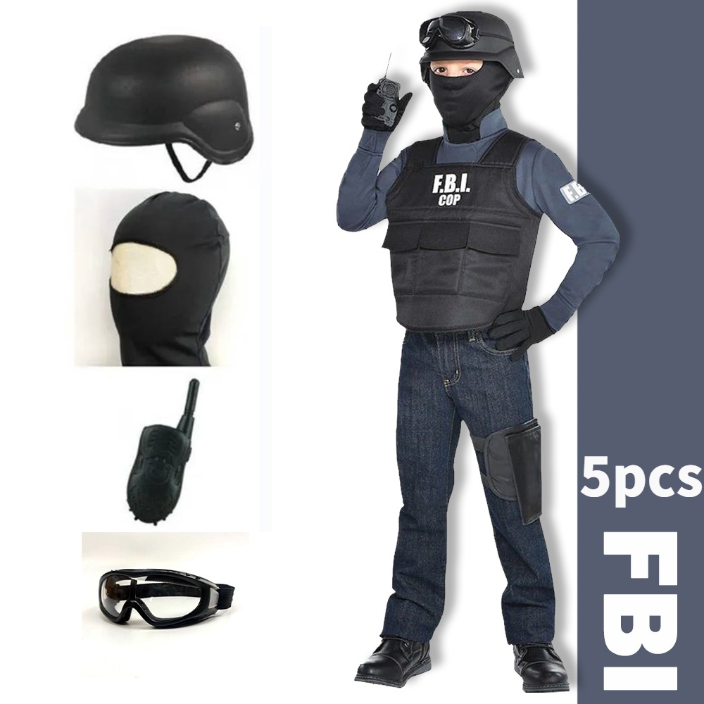 Kids Cosplay Costume FBI Suit 5 Pcs Set Bulletproof Vest Outfits SWAT ...
