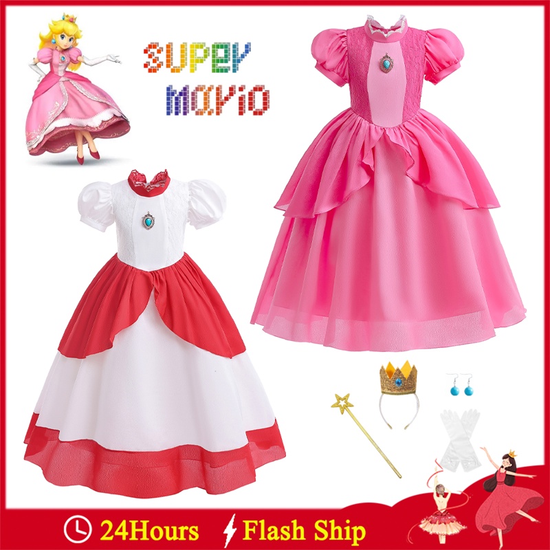 SUPER MARIO Pink White Princess Peach Dress For Kids Girl Halloween ...