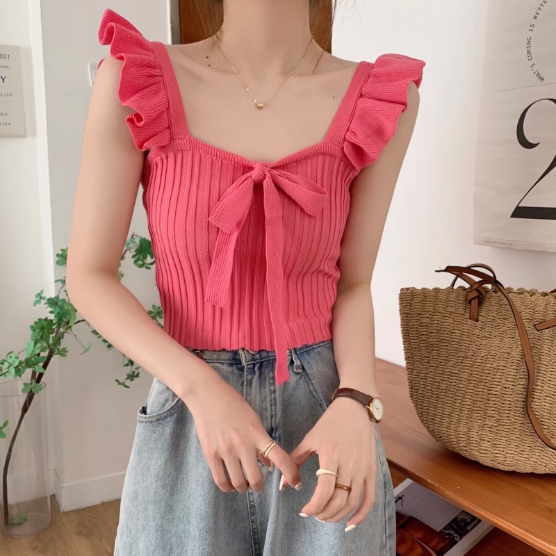 Ruffle Edge Tank Top Solid Color Bow Knot Tank Top Gentle French Style ...