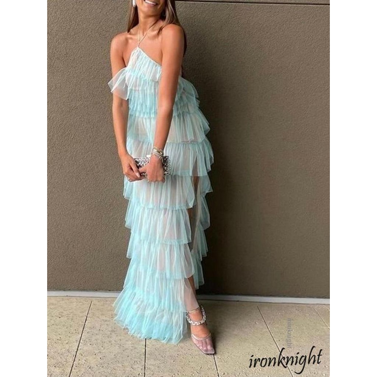 ironknight-Women Summer Backless Layered Ruffle Party Mesh Cocktail ...